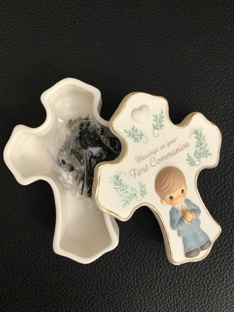 Cross shape boy communion rosary and box – Jacqui G Sanctuary